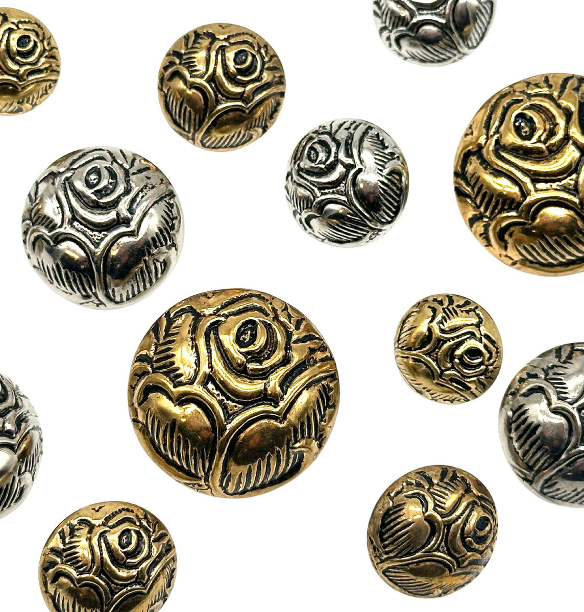 12 Pcs Vintage Rose Textured Shank Buttons | Metal Gold & Silver | Dec ...